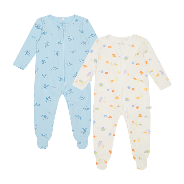 Turtles Ribbed & Little Fish Clever Zip Baby Pajamas 2 Pack | MORI US